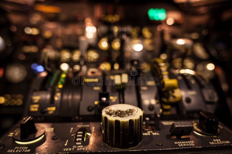 Control Knobs in Airplane Cockpit Closeup with Selective Focus. Stock ...