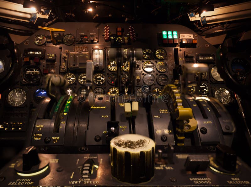 Control Knobs in Airplane Cockpit Closeup with Selective Focus. Stock ...