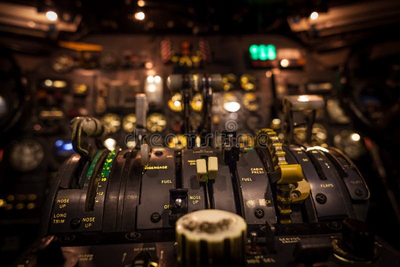 Control Levers in Airplane Cockpit Closeup with Selective Focus. Stock ...