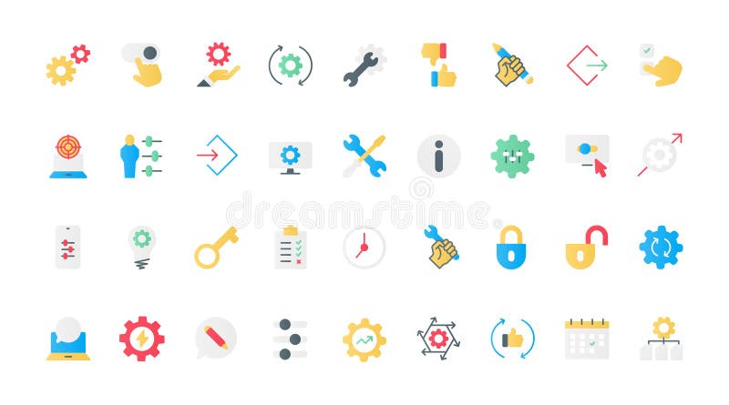 Control and Management of System Productivity Flat Icons Set, Gears and ...