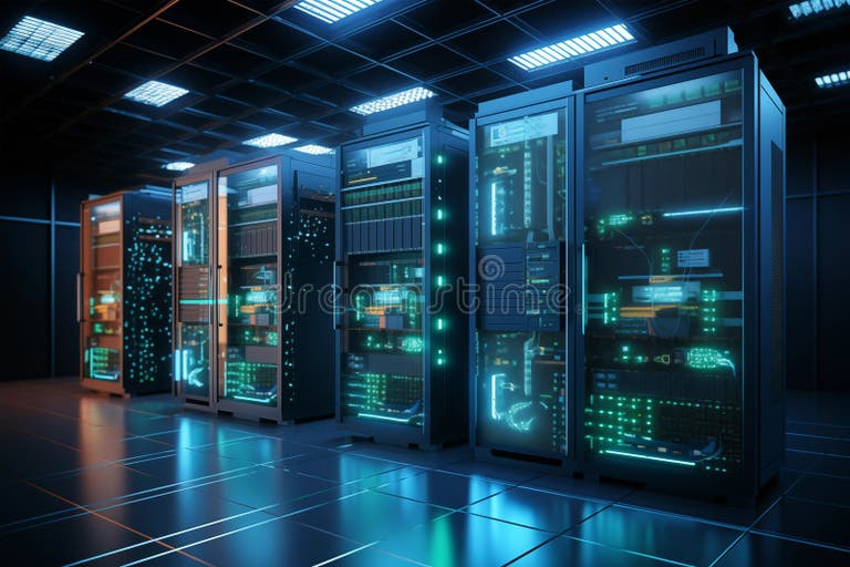 Control Modules of Powerful Hardware in Servers Room. Generative AI ...