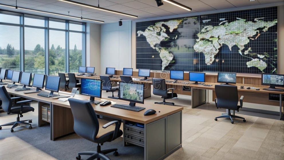 Control Office Room Full of Monitors on the Tables Stock Illustration ...