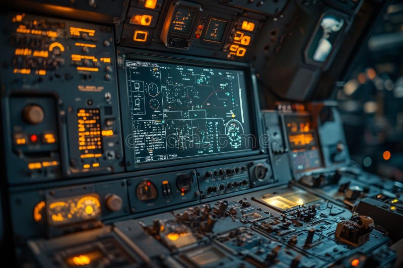 Control Panel in an Airplane Cockpit Showing Flight Data on Screen ...