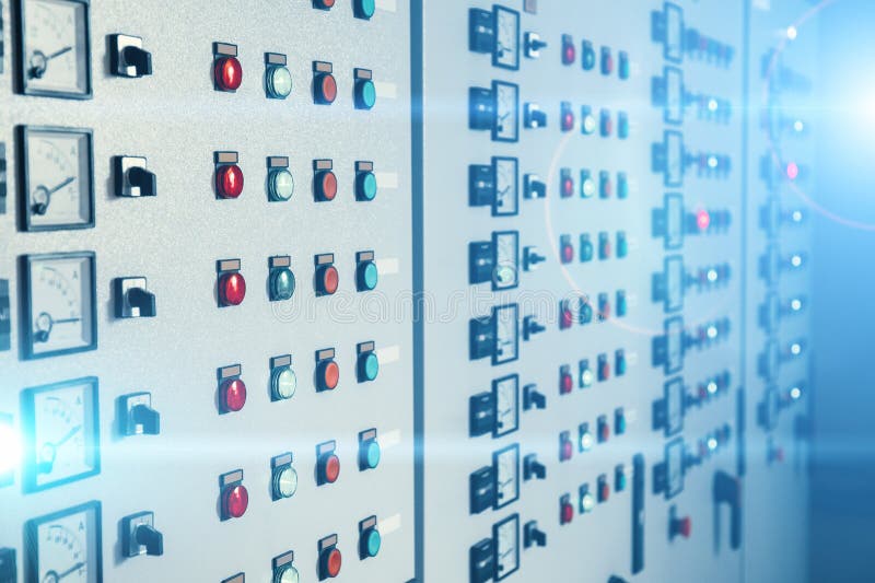 Control Panel with Buttons on Manufacturing Machinery with Blue ...