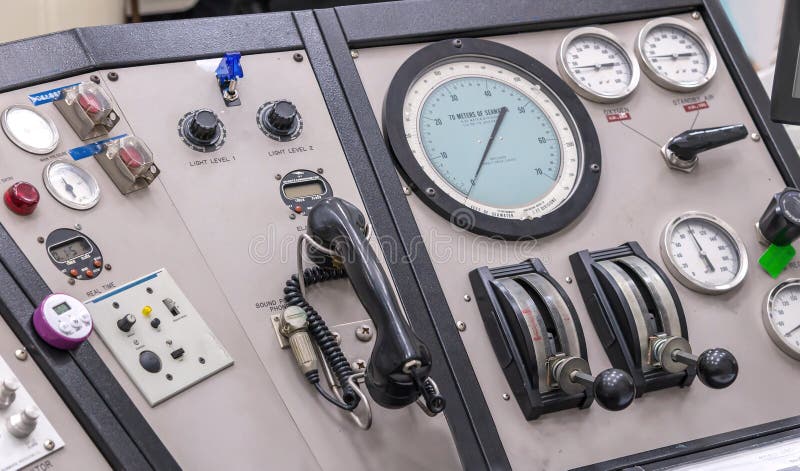 Navigational Instruments And Steering Wheels Of An Old Submarine Stock ...
