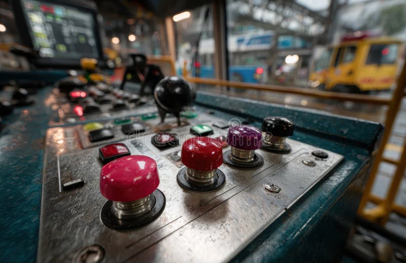 Control Panel with Colorful Buttons and Levers Managing Industrial ...