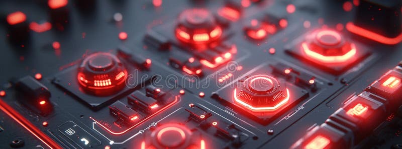Close-up of Futuristic Control Panel with Glowing Red Buttons and Knobs ...