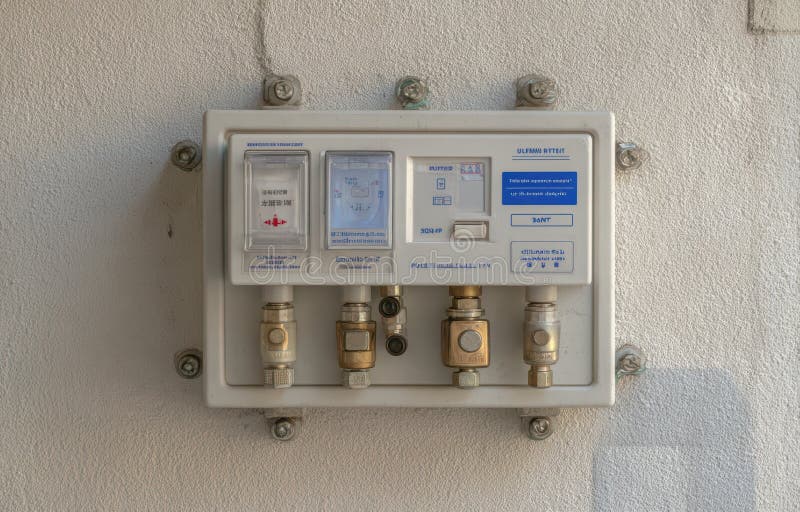 Control Panel with Gauges and Valves Mounted on a Wall Surface Stock ...