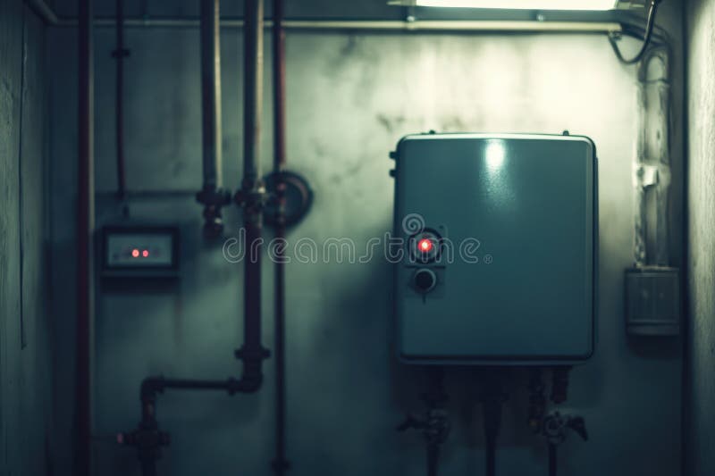 Control Panel and Piping System in a Dimly Lit Industrial Setting Stock ...