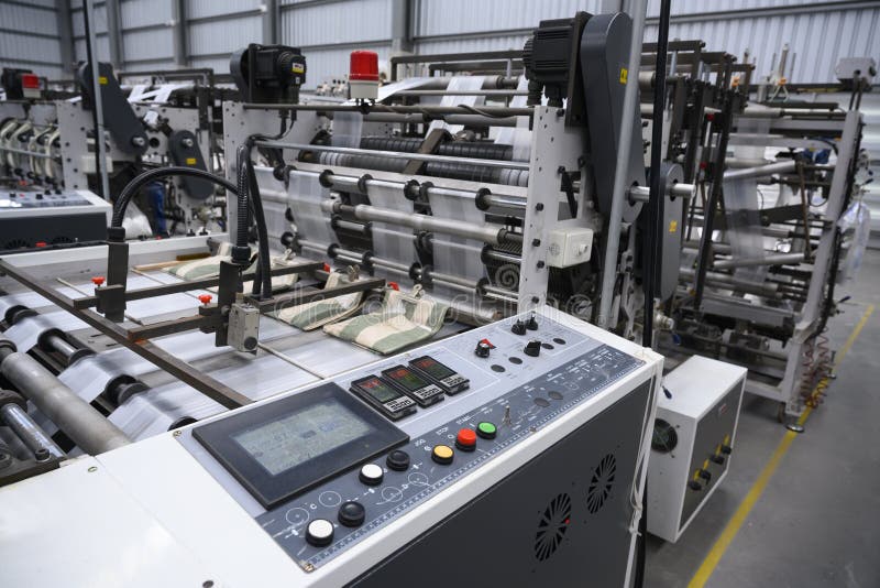 Control Panel and High Speed Plastic Bag Cutting Machine Stock Image ...