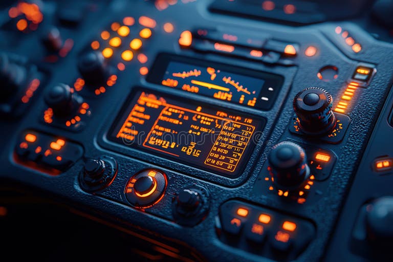 Control Panel with Illuminated Buttons and Displays in a Modern Cockpit ...