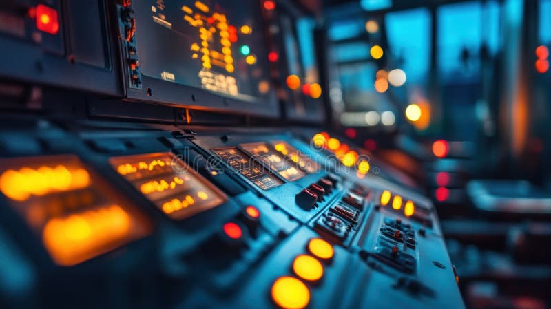 Control Panel with Illuminated Buttons and Screens in a Dark Room Stock ...