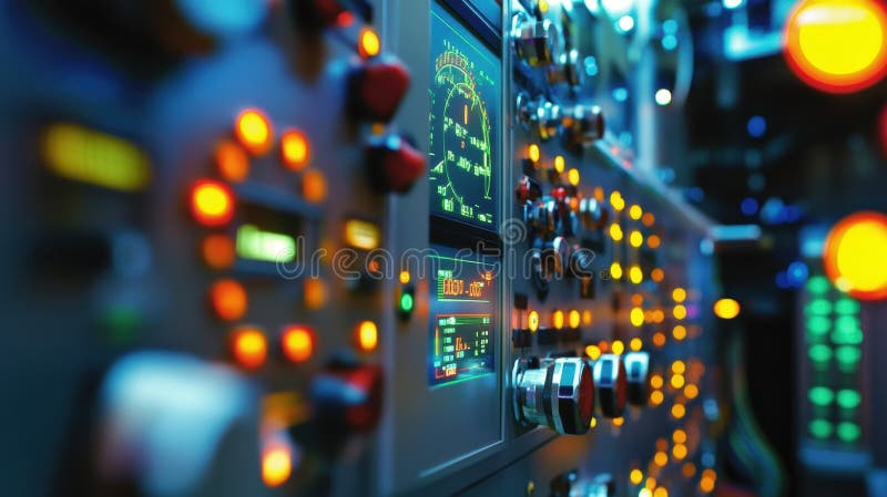 Control Panel with Illuminated Buttons and Screens Showing Data in a ...