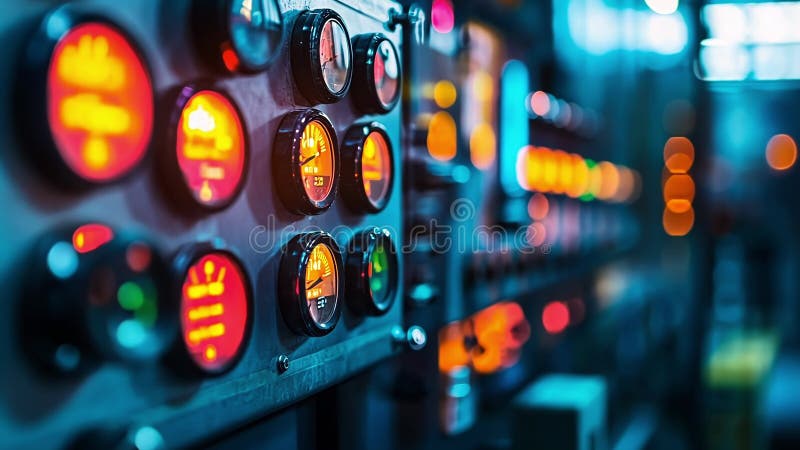 Control Panel with Illuminated Gauges Displaying Manufacturing Data in ...