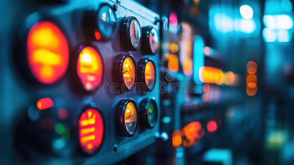 Control Panel with Illuminated Gauges Displaying Manufacturing Data in ...