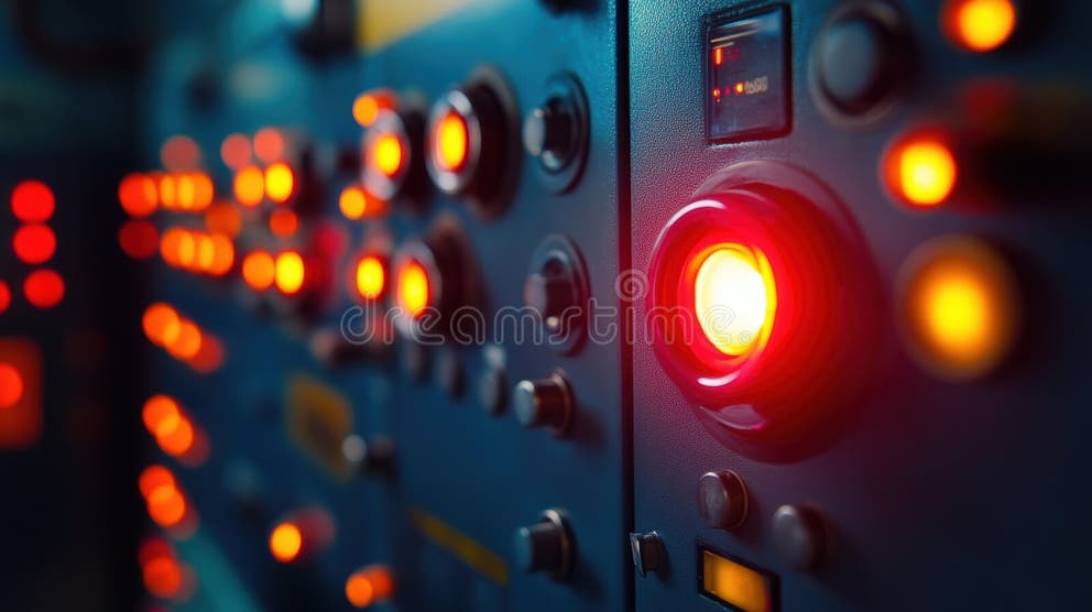 Control Panel with Illuminated Red Alarm Light and Switches Stock Photo ...