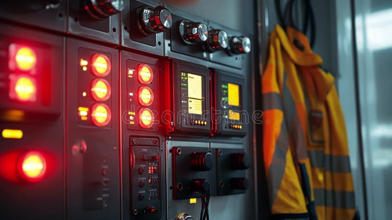 Control Panel with Red Lights and a High Visibility Vest Hanging on the ...