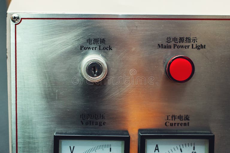 Control Panel in Main Engine Room. Inscriptions in English and Chinese ...