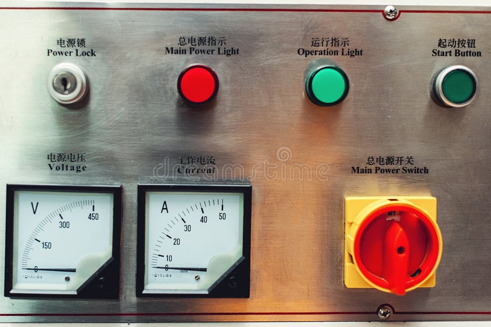 Control Panel in Main Engine Room. Inscriptions in English and Chinese ...