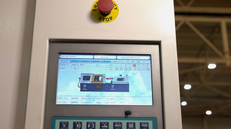 Control Panel of Molding Machine and Red Emergency Button. Stock ...