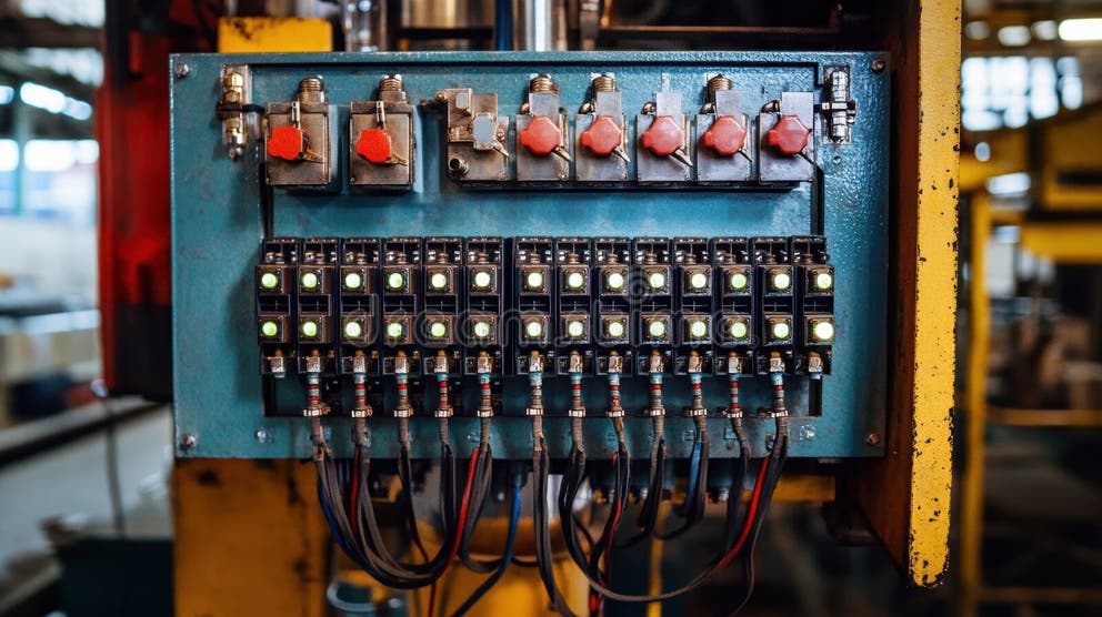 Control Panel with Multiple Switches and Indicators on Industrial ...