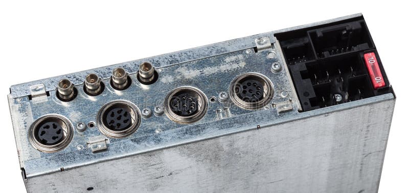 A Control Panel with Old Analog Audio and Video Connectors. Red and ...