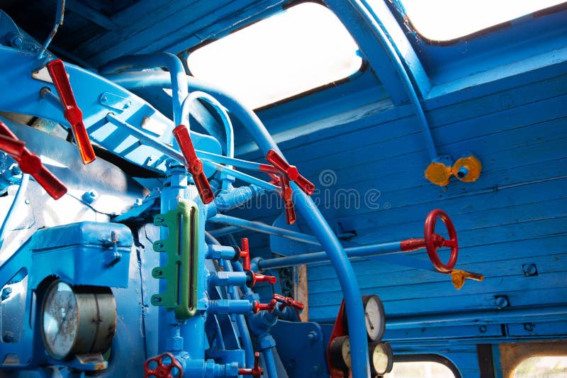 Control Panel of an Old Steam Locomotive Inside with Gauges and ...