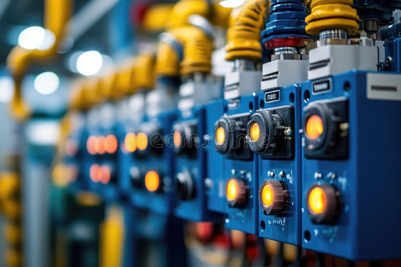 Control Panel with Orange Lights Illuminating Industrial Factory ...