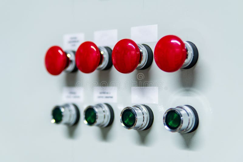 Control Panel with Red and Black Buttons. Equipment Start and Shutdown ...