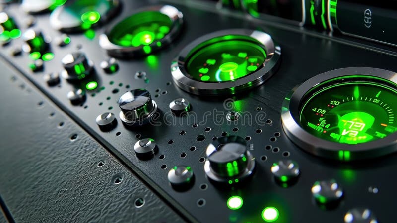 Control Panel Showing Green Lights and Buttons on Black Console Stock ...