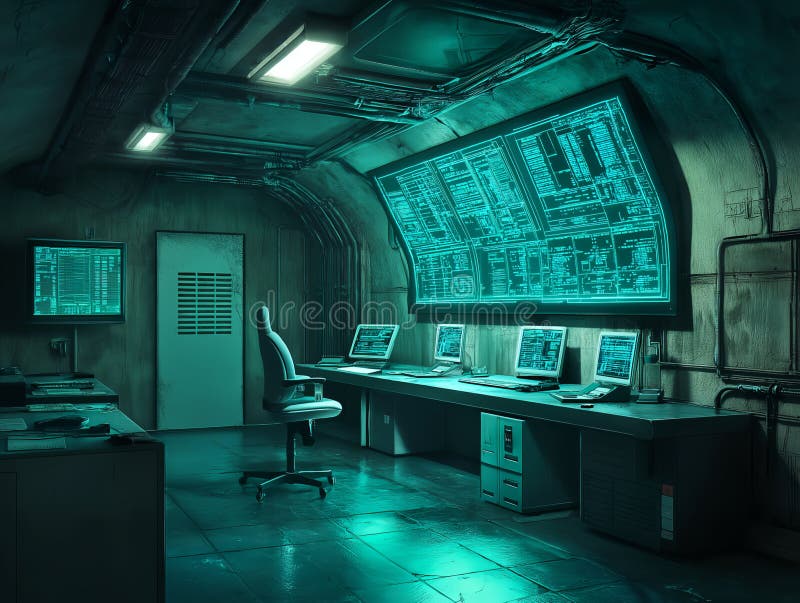 Control Room with Advanced Monitors and Glowing Blue Interfaces Stock ...