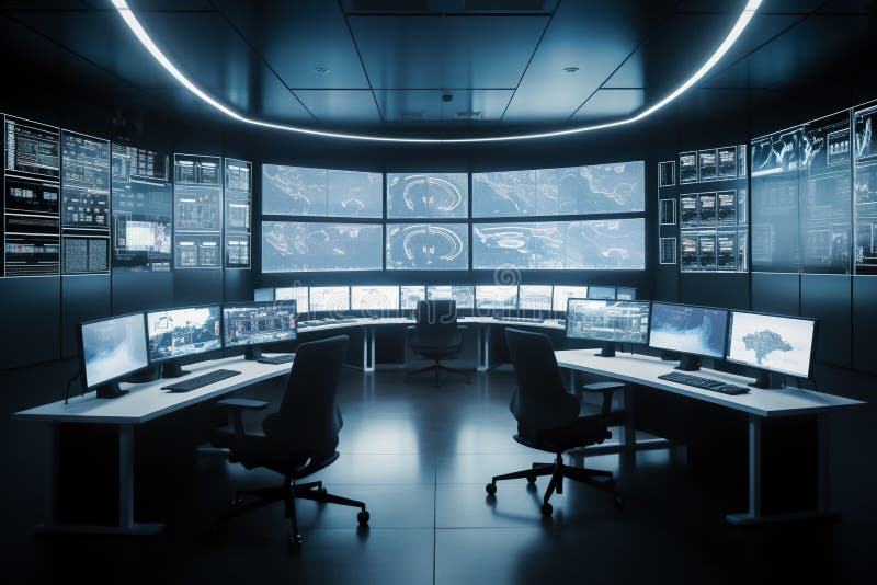 Control Room with Computers and Monitors on the Wall. Generative AI ...