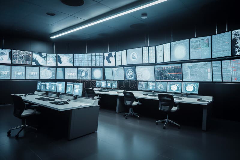 Control Room with Computers and Monitors on the Wall. Generative AI ...