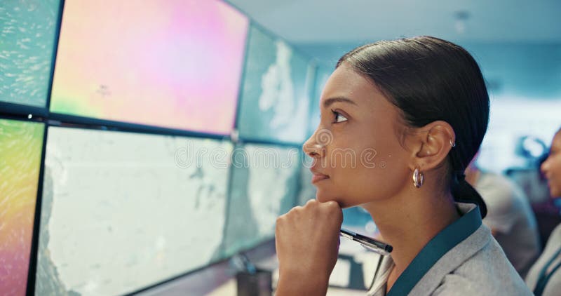 Control Room, Decision and Woman at Computer, Screen and Tech for ...