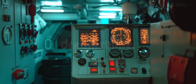 Control Room of an Empty Submarine with Illuminated Dials and Silent ...