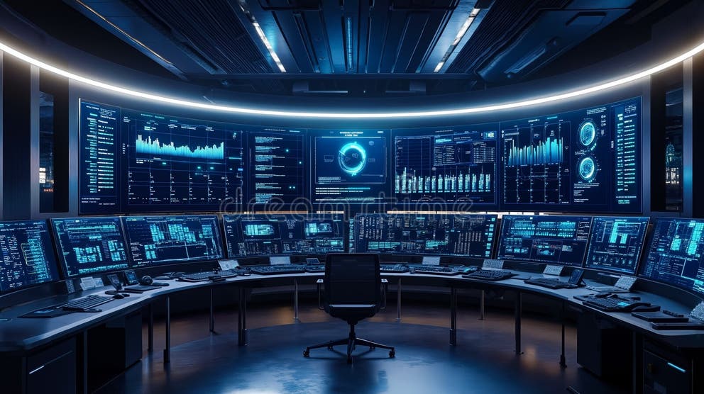 A Control Room Filled with Multiple Monitors and Desks Stock ...