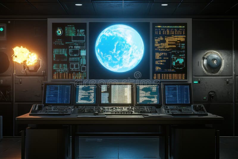 Control Room with Futuristic Technology and a Glowing Planet Backdrop ...