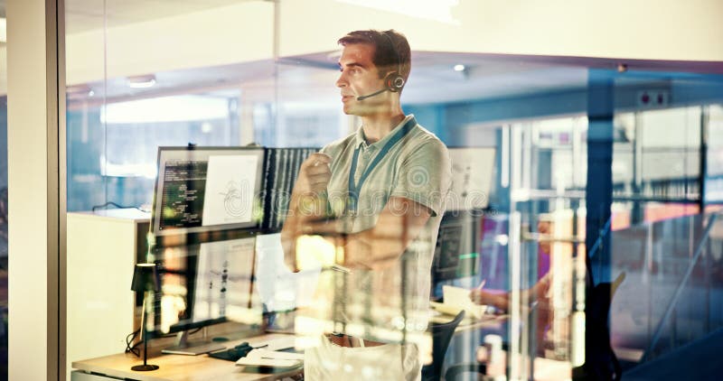 Control Room, Headset and Thinking with Man in Airport for ...