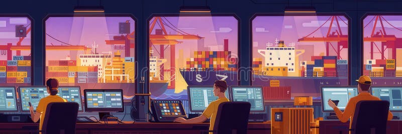 Control Room Overseeing Cargo Port Operations with Workers Monitoring ...