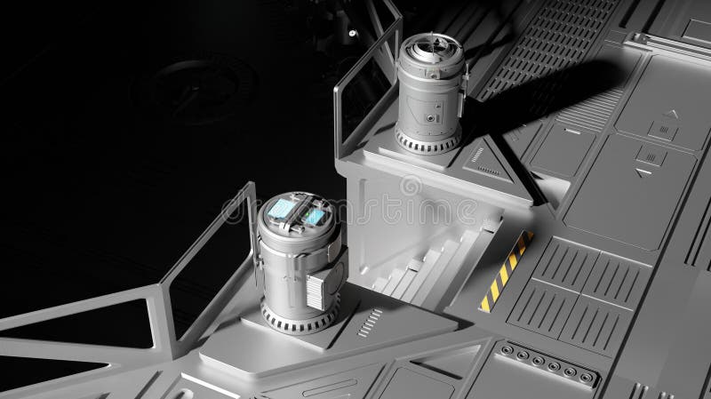 Control Room Laboratory Interior Metal Capsule Engine in Dark Scene ...