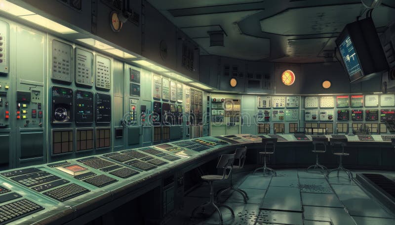 Control Room of a Large Facility with Complex Machinery and Monitors ...