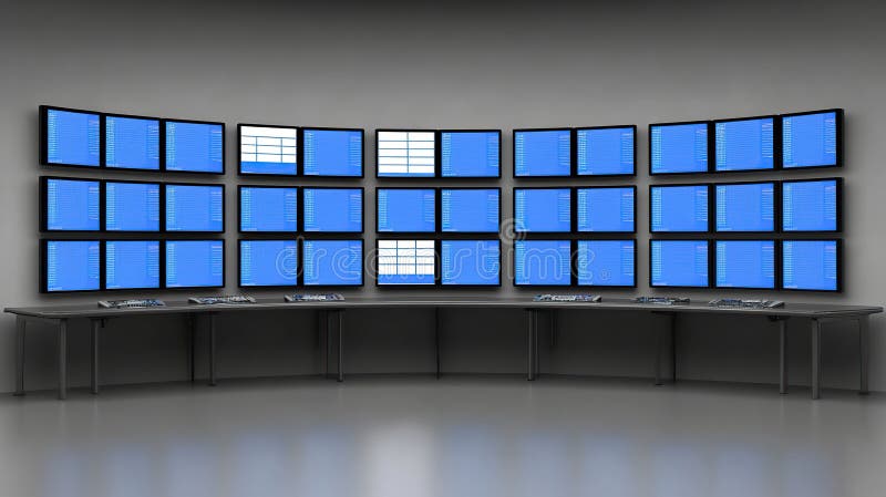 Control Room Monitors Displaying Data, Blank Screens, Security System ...