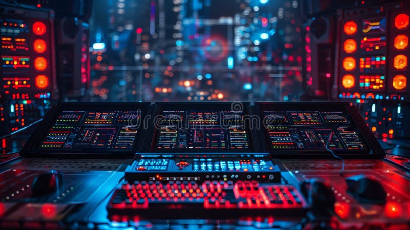 Control Room with Monitors and Keyboard Stock Image - Image of screen ...