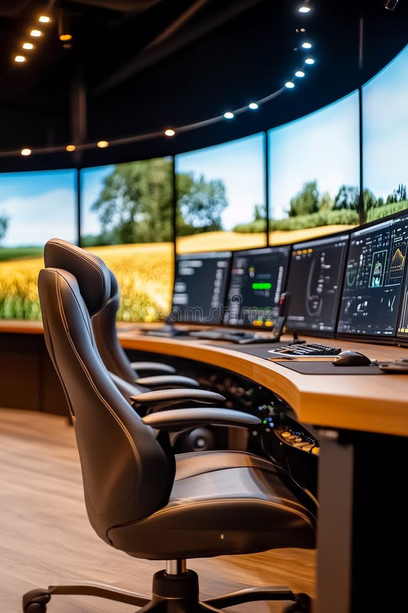 Control Room with Multiple Computer Monitors Displaying Vibrant ...