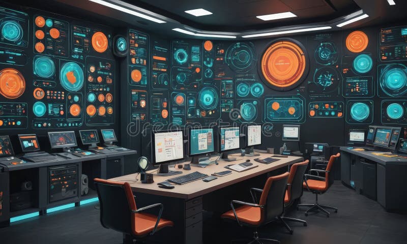 Control Room with Multiple Computer Monitors, Keyboards, and Mice, Surrounded by Orange Chairs ...