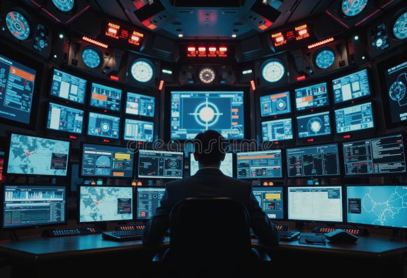 Control Room with Multiple Monitors Displaying Data and Warning Lights ...