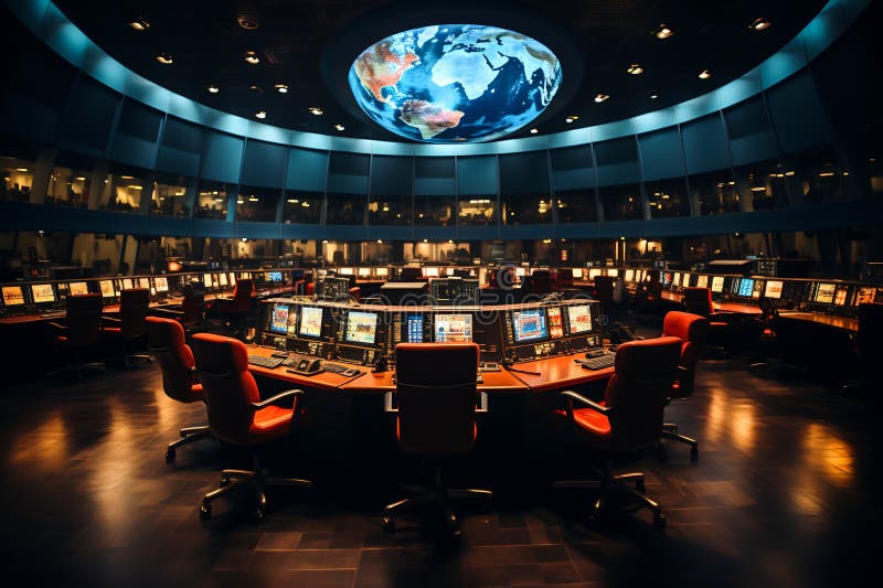 Control Room with Multiple Monitors and Globe on the Wall. Generative ...