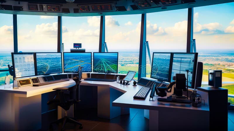 Control Room With Multiple Monitors And Keyboard Generative Ai Stock Illustration