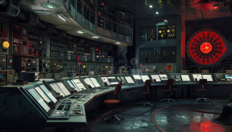 Control Room with Multiple Monitors and Control Panels in a Dimly Lit ...