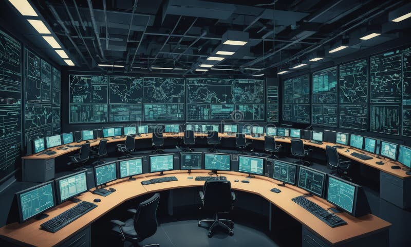 Control Room with Multiple Rows Computer Monitors, Desks, and Chairs ...